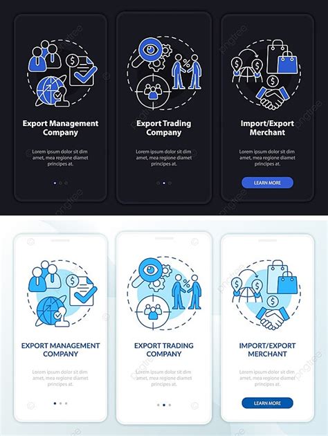 Types Of Export Business Night And Day Mode Onboarding Mobile App