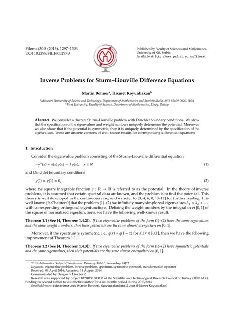 Pdf Inverse Problems For Sturm Liouville Difference Equations