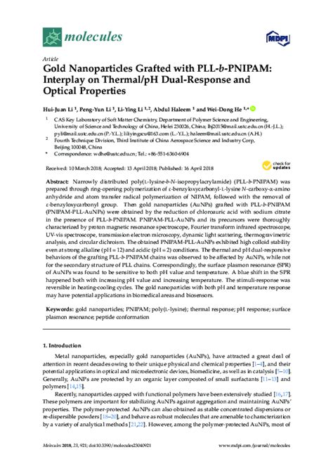 Pdf Contentgold Nanoparticles Grafted With Pll Pnipam Interplay On Thermalph Dual