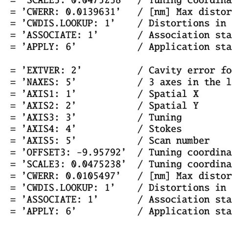 Fig B1 Wcs Distortions Part Of A Sample Fits Header With Cavity Maps
