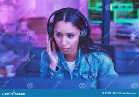 Developer Computer Or Headphones In Neon Coding For Cybersecurity Iot