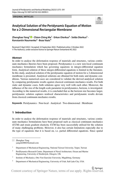 Analytical Solution Of The Peridynamic Equation Of Motion For A 2