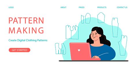 컴퓨터에서 옷 패턴을 만드는 여성 배너 웹 사이트 디자인 또는 방문 웹 페이지에 대한 플랫 스타일의 벡터 일러스트 레이 션 테일러드 클로딩에 대한 스톡 벡터 아트 및 기타