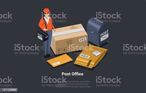 우체국 업무 및 택배 배달 고객이 소포를 받고 보내고 있습니다 우편함과 봉투가 있는 큰 판지 상자 근처에 가방을 든 제복을 입은 우체부 아이소메트릭 만화 3d 벡터 일러스트