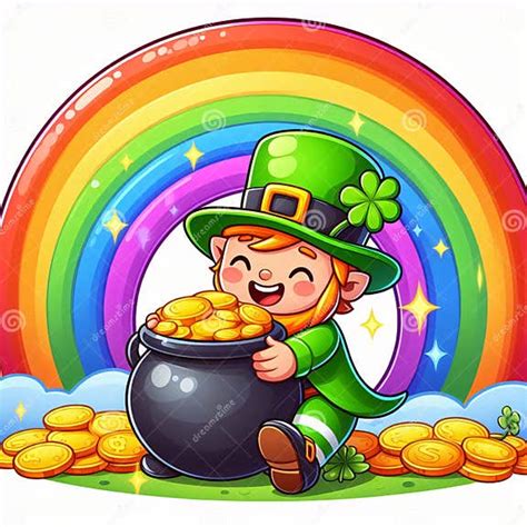 Vibrant Leprechaun With Pot Of Gold At Rainbowâ€™s End Stock