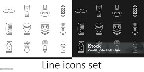 세트 라인 수염과 콧수염 관리 오일 병 전기 머리 깎기 또는 면도기 이발소 빗 콧수염 및 크림 로션 화장품 튜브 아이콘 벡터 검은색에 대한 스톡 벡터 아트 및 기타 이미지