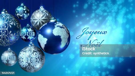 프랑스어로 메리 크리스마스 3d 크리스마스 공으로서의 지구 눈송이의 배경에 파란색과 은색의 싸구려 세계적인에 대한 스톡 사진 및 기타 이미지 Istock