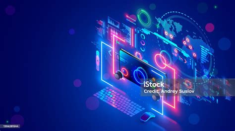 온라인 컴퓨터 또는 모바일 비디오 게임 개념 배너 E 스포츠 컴퓨터 게이머의 책상 모니터 화면 휴대 전화는 게임 인터페이스의 홀로그램 근처 마우스를 가져 가상지도에 연결된