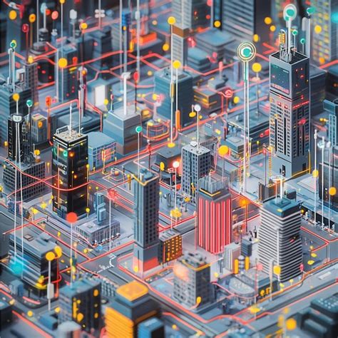 A Cityscape Showing A Network Of 5g Towers And Iot Devices Connected To