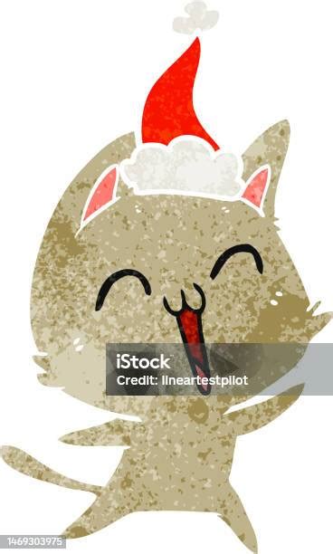 산타 모자를 쓴 고양이의 행복한 손으로 그린 복고풍 만화 고양이 울음소리에 대한 스톡 벡터 아트 및 기타 이미지 고양이 울음소리 귀여운 낙서 드로잉 Istock