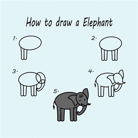 코끼리 그림 튜토리얼을 그리는 단계별 어린이를 위한 코끼리 그림 수업 프리미엄 벡터