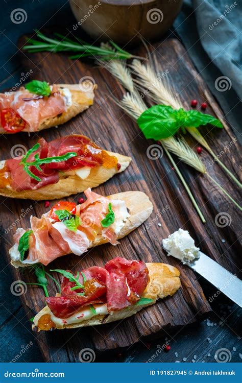 Traditional Bruschetta Set With Parma Dried Ham Stock Image Image Of