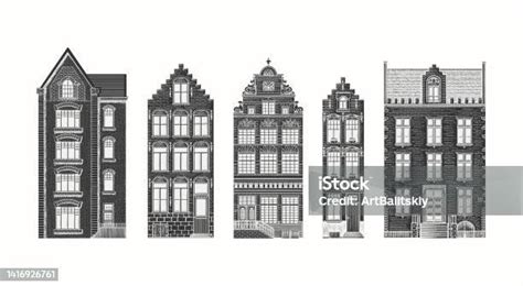 암스테르담 주택 도시 주거용 건물 스칸디나비아 스타일 유럽 도시 손으로 그린 흑백 낙서 벡터 일러스트 레이 션 Grachtenpand에 대한 스톡 벡터 아트 및 기타 이미지