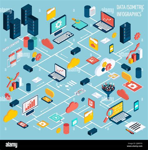 Data Infographic Isometric Set With Data Center And Network Elements Vector Illustration Stock