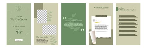 최소한의 현대 패션과 뷰티 소셜 미디어 이야기 또는 녹색 색상의 스토리 배너 컬렉션 키트 판매 사진 격리 된 제품 디스플레이 식물 잎팁 템플릿 레이아웃 설계 포함 개체