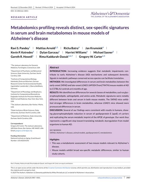 Pdf Metabolomics Profiling Reveals Distinct Sex‐specific Signatures