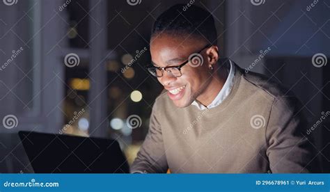 Businessman Night And Laptop With Smile In Office Reading Email With