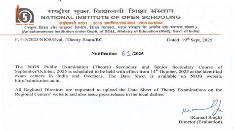 Nios 2025 Theory Exam Datesheet Released Download 10th