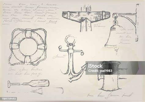 노란 반점이있는 오래된 종이에 연필로 만든 스케치 구명 부표 노 앵커 선박의 종 이해할 수 없는 언어로 읽을 수 없는 비문 닻에 대한 스톡 벡터 아트 및 기타 이미지