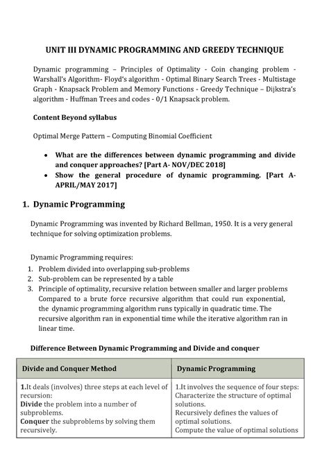 Dynamic Programming And Greedy Technique Unit Iii Dynamic Programming