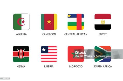 흰색 배경에 고립 된 아프리카 국가에서 사각형 플래그의 집합 알제리 카메룬 중앙 아프리카 공화국 이집트 케냐 라이베리아 모로코 및 남아프리카 공화국의 집합 0명에 대한 스톡