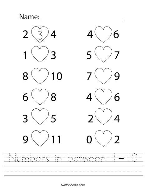 Numbers In Between 1 10 Worksheet Twisty Noodle Worksheets Library