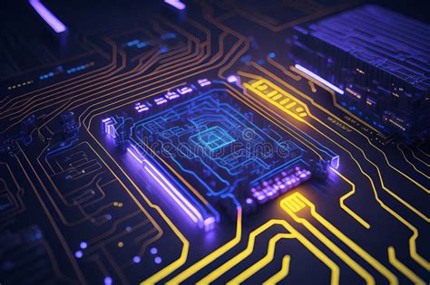 Abstract Computer Circuit Cyberspace Design With Neon Lighting Stock Illustration