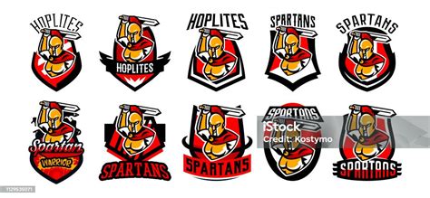 엠 블 럼 로고 배지 컬렉션 칼으로 스파르타 고 대 그리스 전사 황금 갑옷 Hoplite 코 린 트 헬멧 군인 방패 벡터 일러스트 레이 션 로고에 대한 스톡 벡터 아트 및