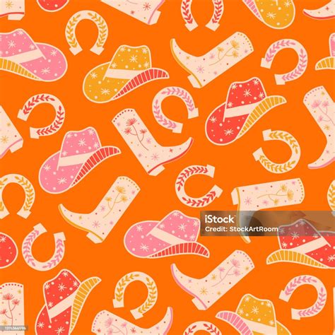 카우걸 호스 랜치 원활한 벡터 패턴 카우보이 부츠 모자 말굽 반복 배경 직물 벽지 포장 포장을위한 와일드 웨스트 표면 패턴 디자인 패턴에 대한 스톡 벡터 아트 및 기타