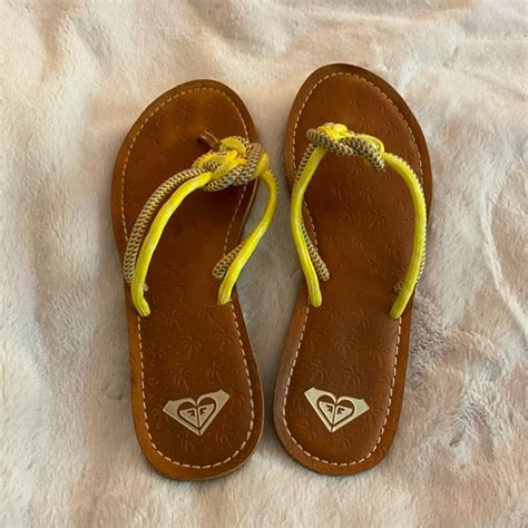 Roxy Shoes Roxy Brown Leather Flip Flops With Neon Yellow