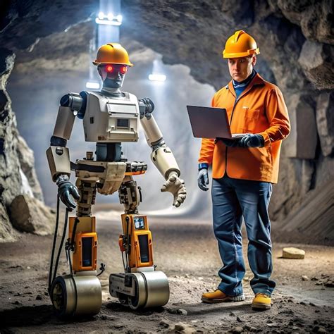 A Futuristic Mining Robot Stands Beside A Technician In A Rocky Cavern