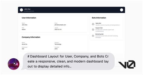 Dashboard Layout For User Company And Bots Create A Responsive