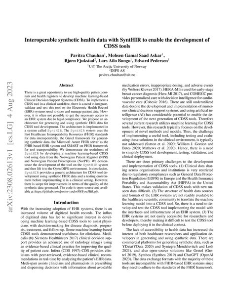 Interoperable Synthetic Health Data With Synthir To Enable The Development Of Cdss Tools Deepai