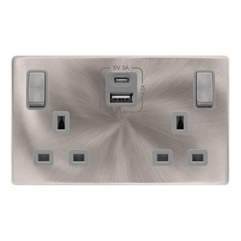 Click Definity Complete Brushed Stainless 2 Gang 13a Ingot Switched Safety Shutter Socket With