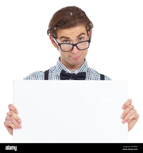 Portrait Nerd And Man With Poster In Studio For Mockup Isolated On A White Background Board