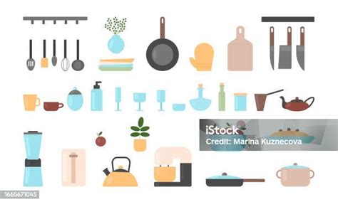 주방 용품 세트 주방용품 조리 도구 및 도구 흰색 배경에 분리된 만화 스타일의 평면 벡터 그림 0명에 대한 스톡 벡터 아트 및