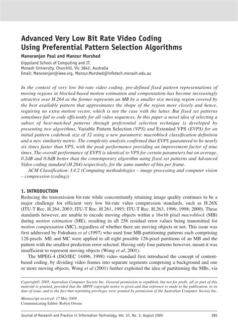 Pdf Advanced Very Low Bit Rate Video Coding Using Preferential Pattern Selection Algorithms