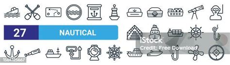 전복 현창 보물지도 선원 모자 유람선 골동품 망원경 건보트 모바일 앱 웹 디자인을위한 방위각 나침반 벡터 아이콘과 같은 27 개의 얇은 선 항해 아이콘 세트 아이콘에 대한