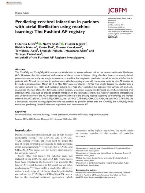 Pdf Predicting Cerebral Infarction In Patients With Atrial Fibrillation Using Machine Learning