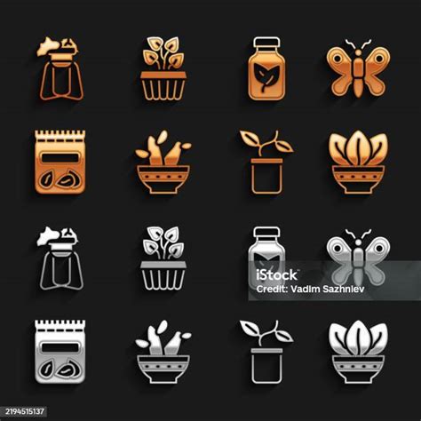 냄비 나비 식물 식물의 씨앗으로 가득 찬 팩 비료 병 스탠드 및 실내 담쟁이 덩굴 아이콘에 선인장 Peyote를 설정합니다 벡터 0명에 대한 스톡 벡터 아트 및 기타 이미지