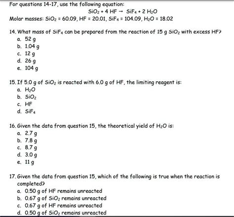 Solved For Questions 14 17 Use The Following Equation Sio2 4 Hf