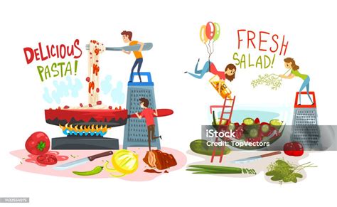 작은 사람들 캐릭터 요리 거대한 음식 만들기 샐러드 그릇과 국수에 프라이팬 벡터 세트 부엌에 대한 스톡 벡터 아트 및 기타
