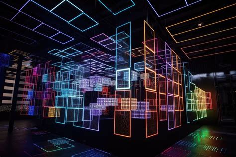 Kinetic And Interactive Geometric Art Installation With Grids Of Lights Shapes And Colors