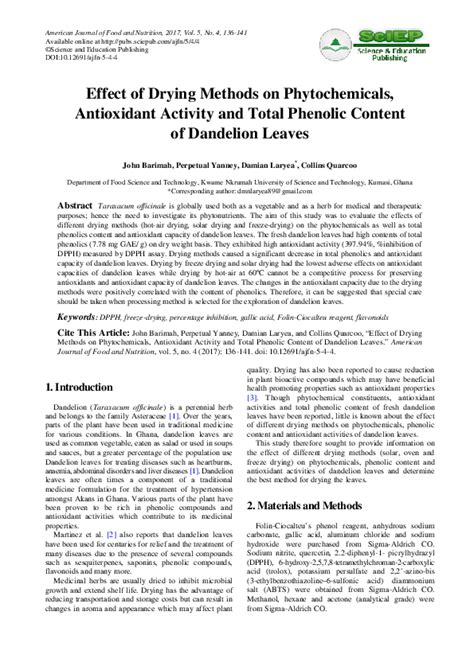 Pdf Effect Of Drying Methods On Phytochemicals Antioxidant Activity And Total Phenolic