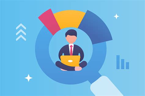 벡터 비즈니스 일러스트레이션입니다 양복을 입은 사업가가 연꽃 자세로 노트북에 앉아 시장을 분석합니다 프리랜서 경력 및 경쟁 새로운 아이디어를 검색합니다 웹 배너에서 사용할