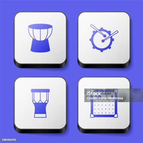 아프리카 Darbuka 드럼 스틱 타악기 및 기타 앰프 아이콘이있는 드럼을 설정합니다 흰색 사각형 버튼입니다 벡터 0명에 대한 스톡 벡터 아트 및 기타 이미지 Istock