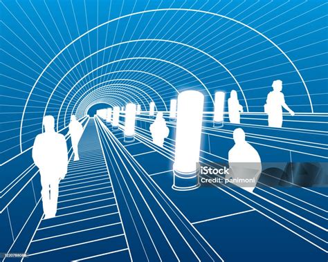 사람들은 지하철에서 에스컬레이터를 타고 교통 인프라 일러스트레이션 도시 생활 파란색 배경에 흰색 선입니다 프로젝트의 이미지 개요입니다 벡터 디자인 아트 사람들에 대한 스톡