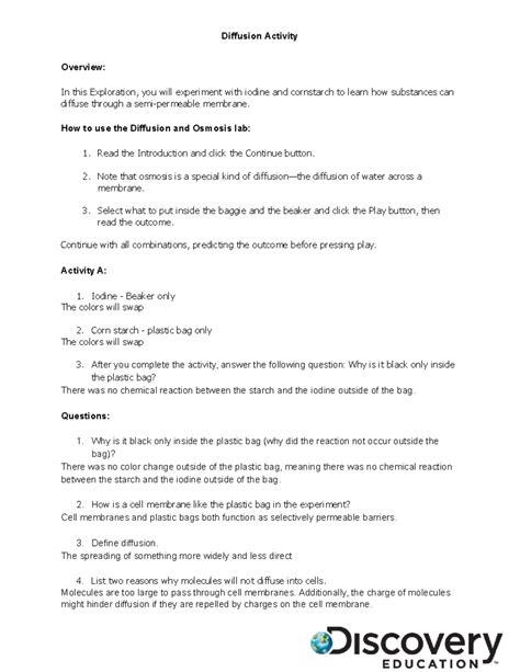 Discovery Education Diffusion Activity Diffusion Activity Overview In This Exploration You