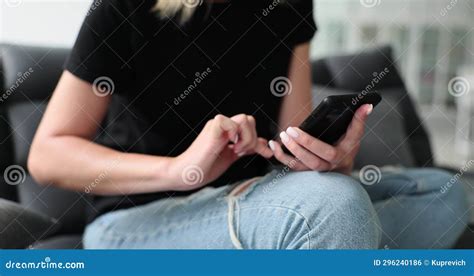 Woman Scrolling Social Media Touches Mobile Phone Screen Stock Footage