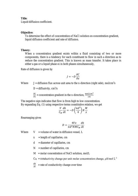 Experiment On Liquid Diffusion Coefficient Uemk2551 Process Engineering Laboratory I Utar